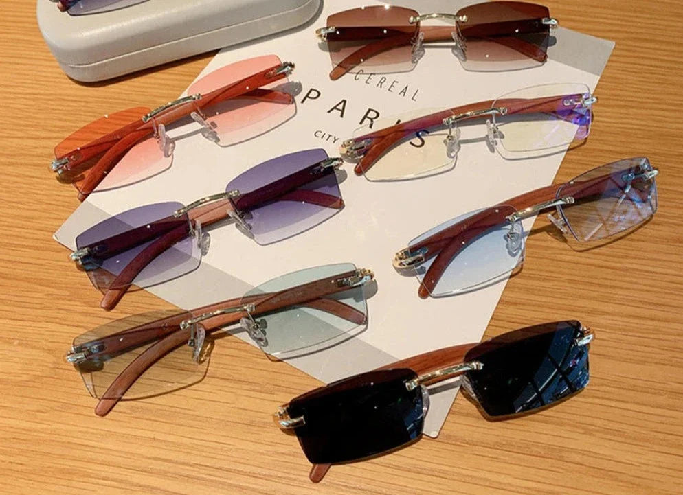 Rectangle Rimless Sunglasses Wooden Frame Eyewear Luxury Brand Design