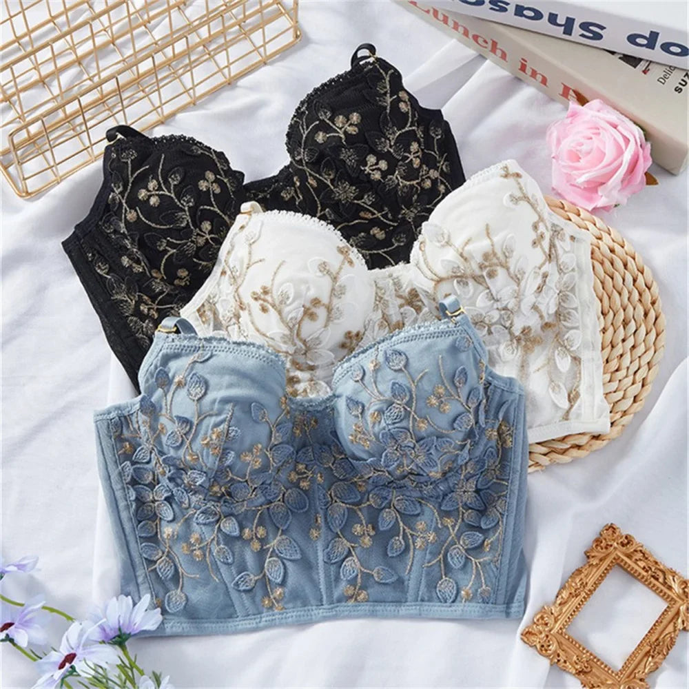 Women's Embroidered Bra Sexy Lace Flower Corset Sleeveless Widened Bre